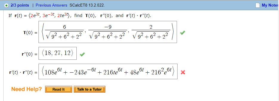 Solved + 2/3 points| Previous Answers SCalcET8 13.2.022 My | Chegg.com