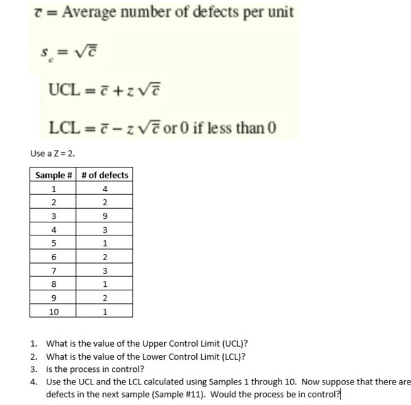 Solved г-Average number of defects per unit LCL =--z Vi or 0 | Chegg.com
