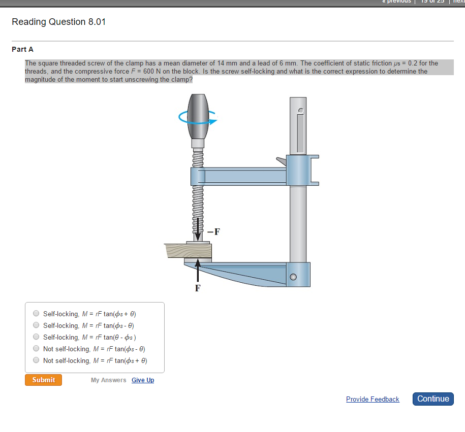 Solved The square threaded screw of the clamp has a mean | Chegg.com