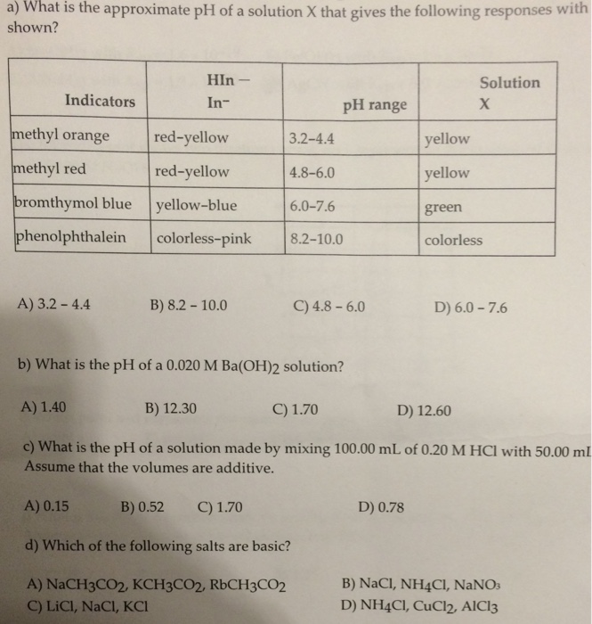 Solved a) What is the approximate pH of a solution X that | Chegg.com