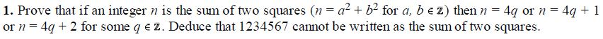 Solved Prove that if an integer n is the sum of two squares | Chegg.com
