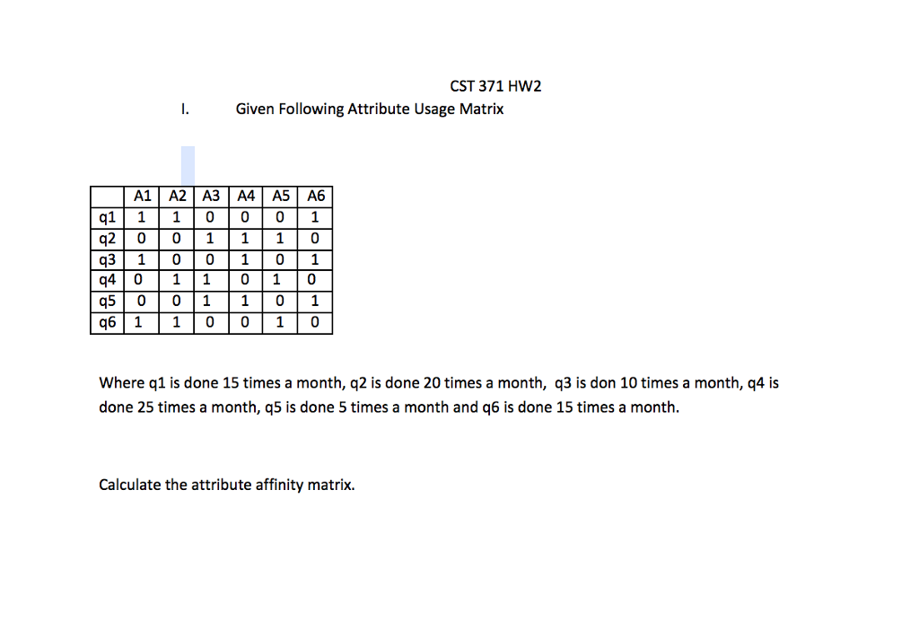 CST 371 HW2 Given Following Attribute Usage Matrix A1 | Chegg.com