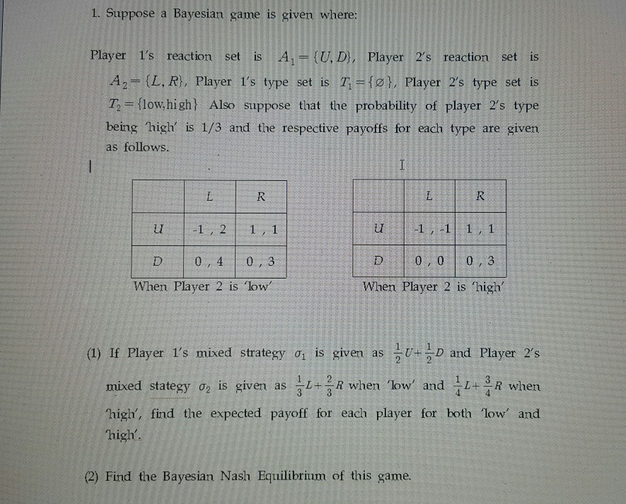 Solved 1. Suppose a Bayesian game is given where: Player 1's | Chegg.com