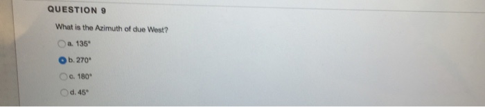 Solved What is the Azimuth of due west? 136* 270* 180* 45* | Chegg.com