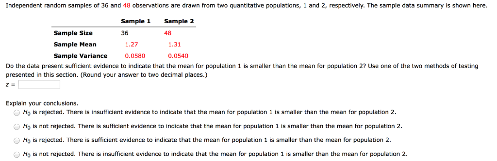 Solved Independent random samples of 36 and 48 observations | Chegg.com