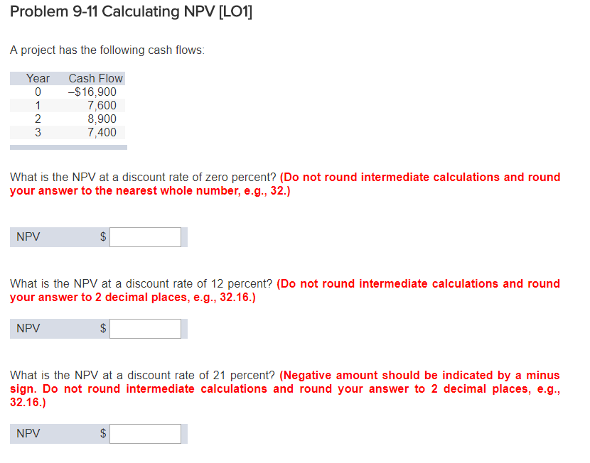 Solved Problem 9-11 Calculating NPV [Lo1 A project has the | Chegg.com