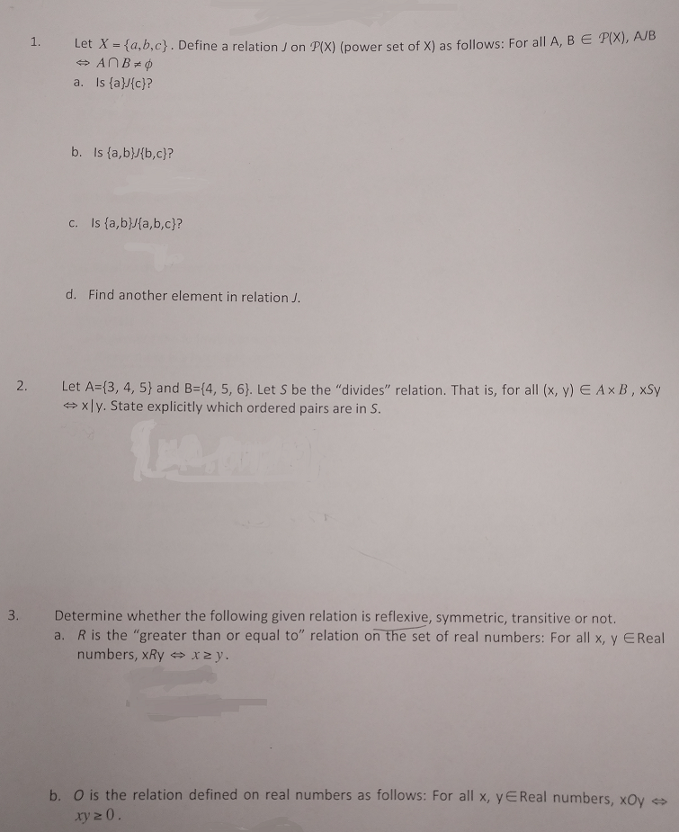 Solved 1. Let X-(a.b.cy. Define a relation J on PM) (power | Chegg.com