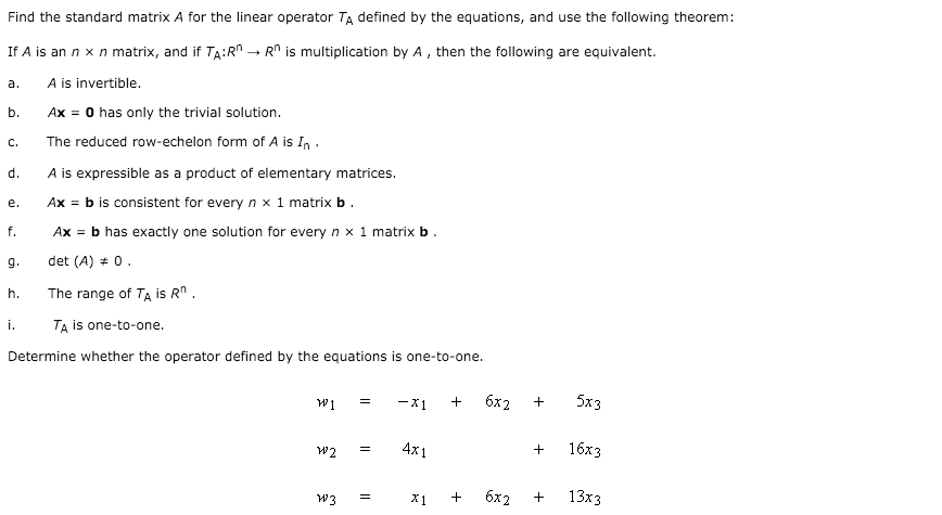 Solved Find the standard matrix A for the linear operator TA | Chegg.com