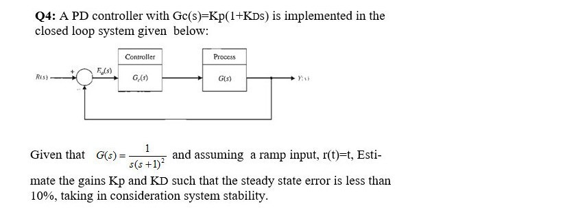 Solved Q4: A PD controller with Gc(s) Kp(1+KDs) is | Chegg.com