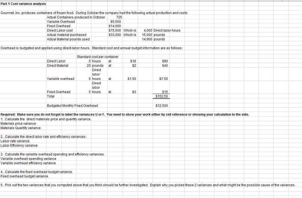 Solved Part 1 Cost variance analysis Gourmet, Inc. produces | Chegg.com