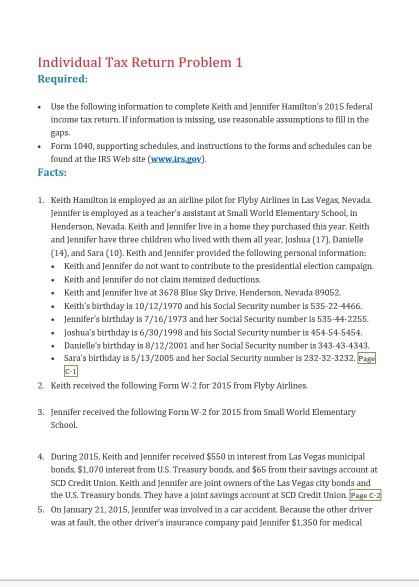 Individual Tax Return Problem 1 Required: .Use the | Chegg.com