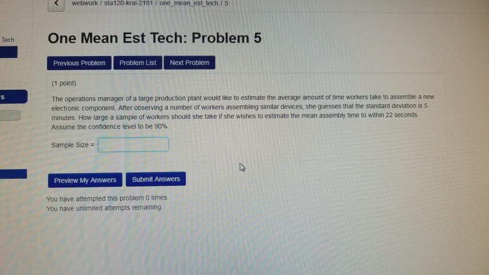 Solved く | webwork / sta 120-krai-2181 / one mean-est tech / | Chegg.com