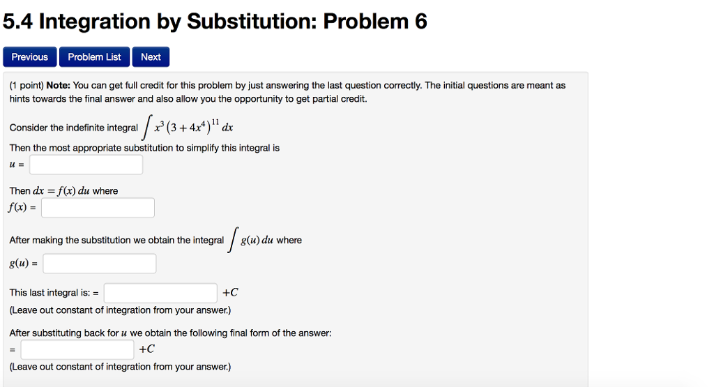 Solved 5.4 Integration by Substitution: Problem 6 Previous | Chegg.com
