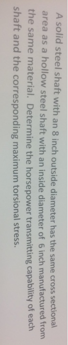 Solved A solid steel shaft with an 8 inch outside diameter | Chegg.com