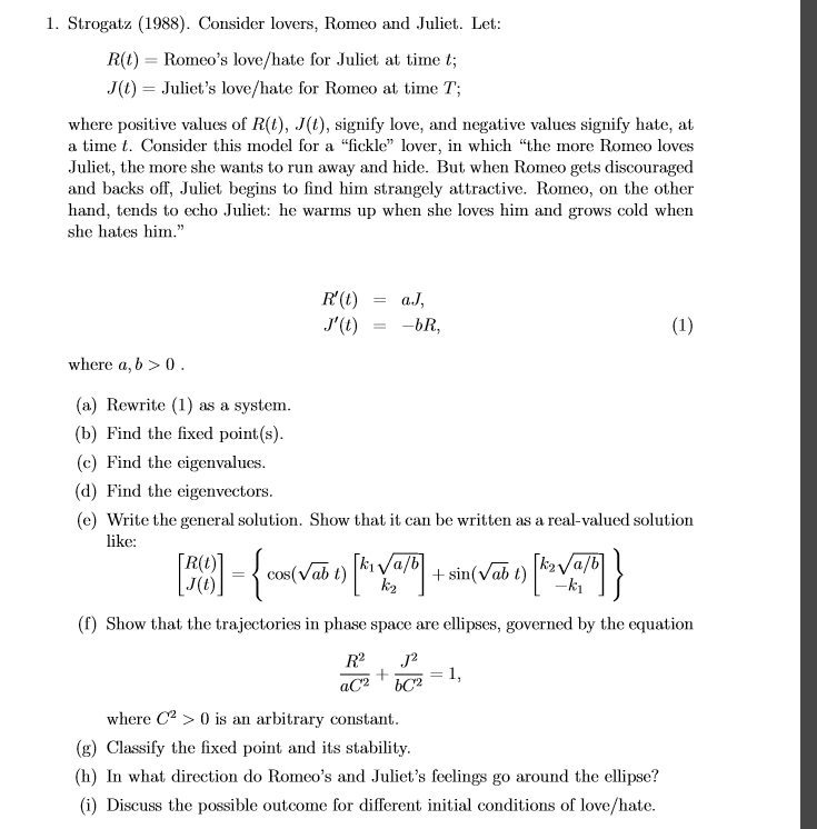 Solved Strogatz (1988). Consider lovers, Romeo and Juliet. | Chegg.com