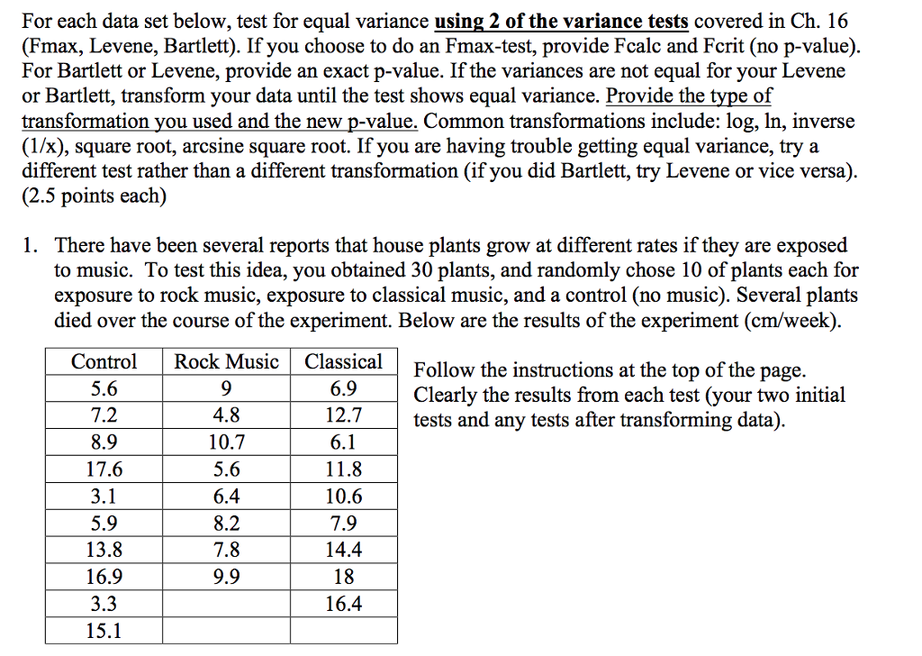 For each data set below, test for equal variance | Chegg.com