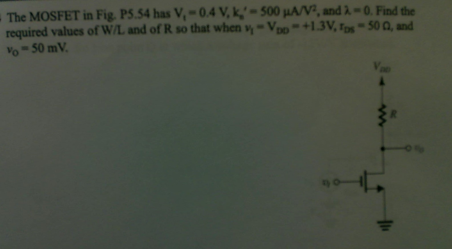 Solved The MOSFET in Fig. P5.54 has V_t = 0.4 V, k_a' = 500 | Chegg.com