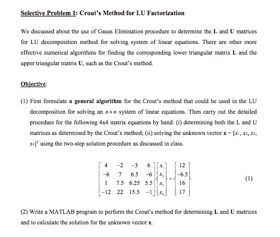 Solved Selective Problem 1 Crout S Method For Lu