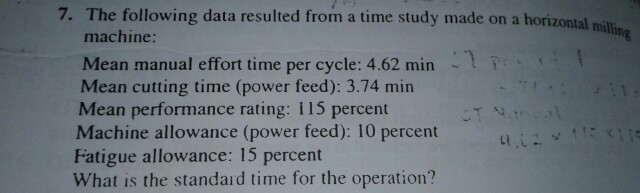 Solved 7. The following data resulted from a time study made | Chegg.com