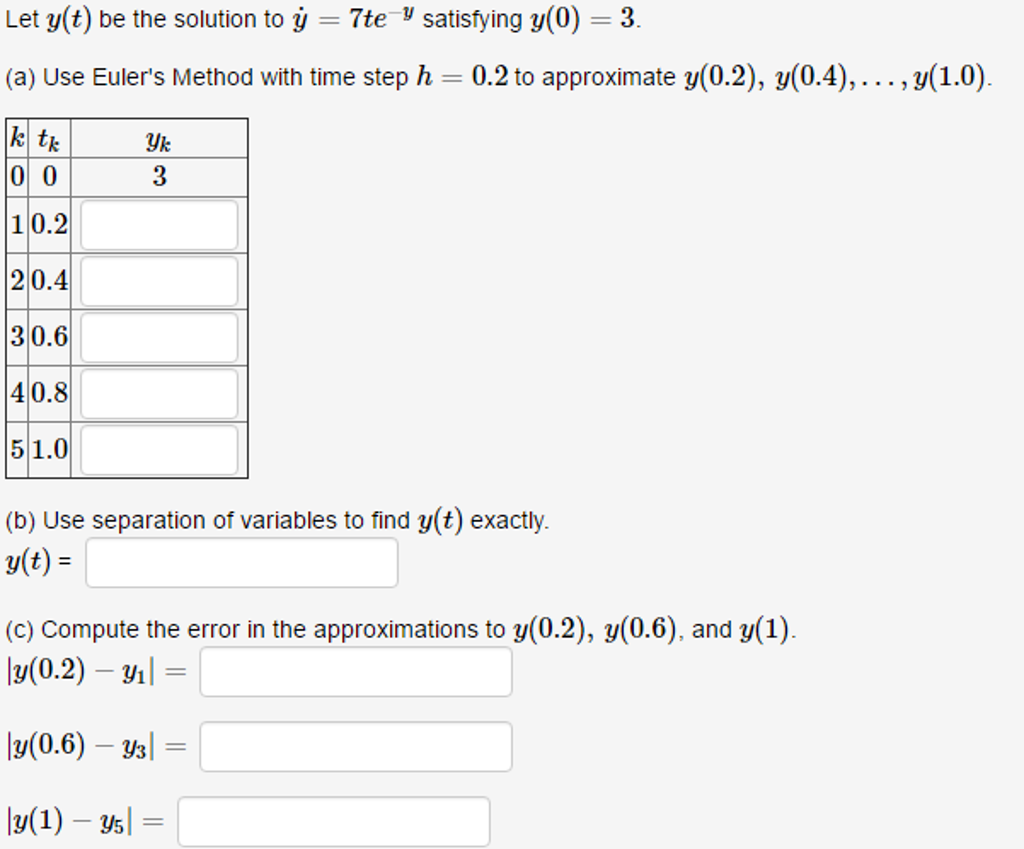 Solved Let y(t) be the solution to y^dot = 7te^-y satisfying | Chegg.com