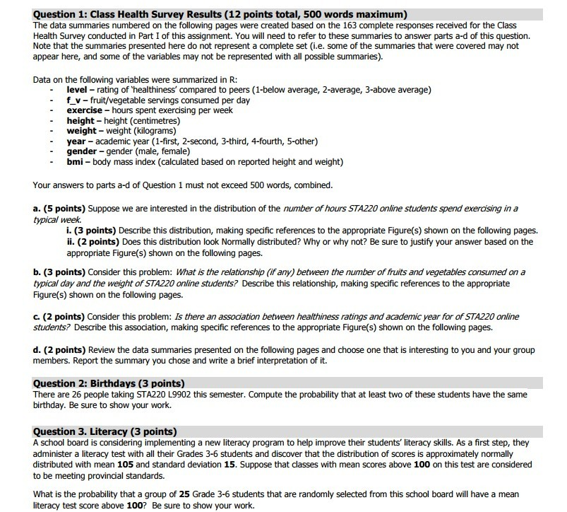 Solved Question 1: Class Health Survey Results (12 points | Chegg.com
