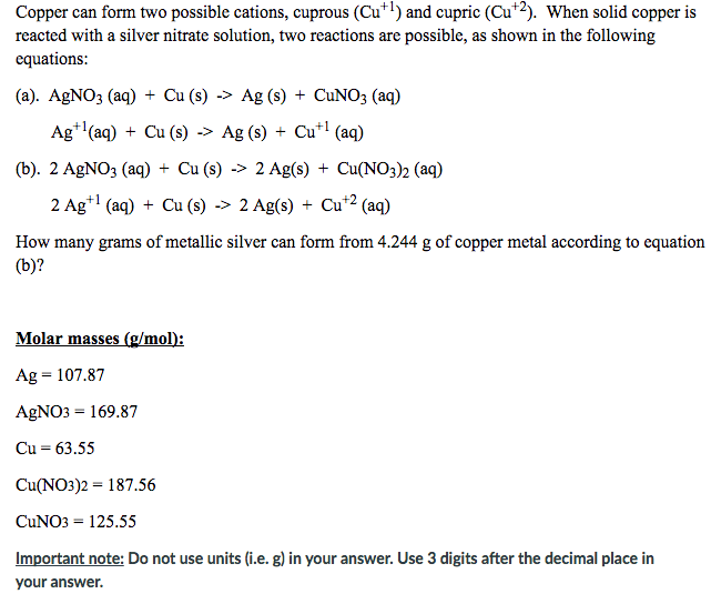 Solved Copper can form two possible cations, cuprous (Cu^+1) | Chegg.com