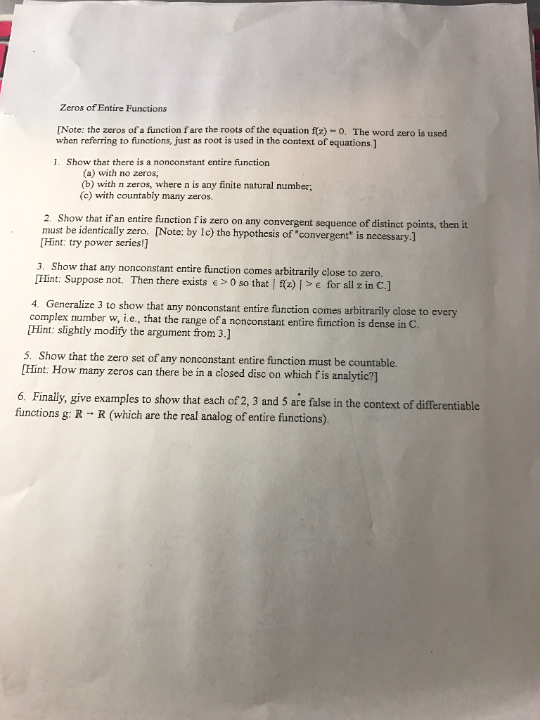 Solved Zeros of Entire Functions Show that there is a no | Chegg.com