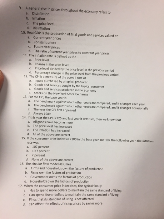 Solved A general rise in prices throughout the economy | Chegg.com