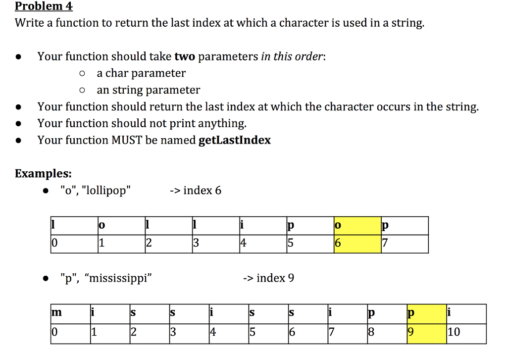 Solved Problem 4 Write a function to return the last index | Chegg.com