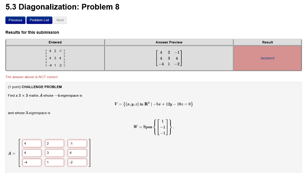Solved 5.3 Diagonalization: Problem 8 Previous Problem List | Chegg.com