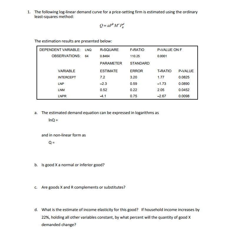 Solved 1. The following log-linear demand curve for a | Chegg.com