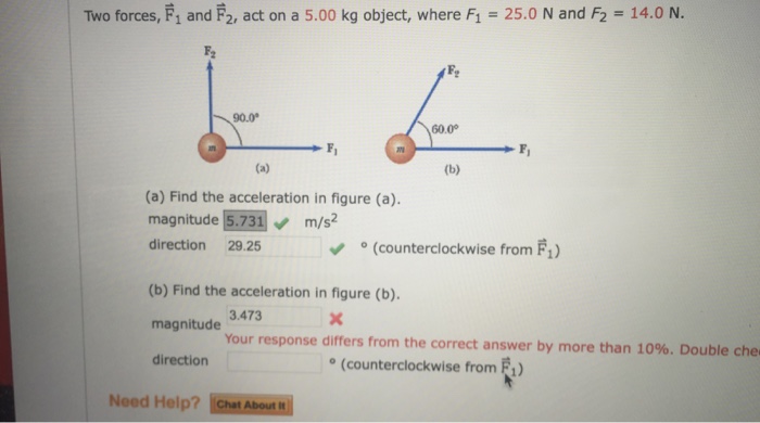 Solved Two forces, F_1 and F_2, act on a 5.00 kg object, | Chegg.com