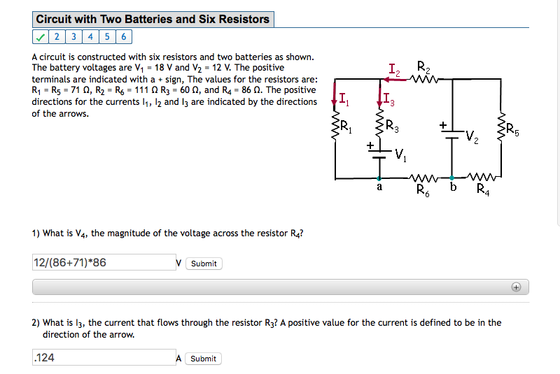 Solved Circuit with Two Batteries and Six Resistors 23456 A | Chegg.com