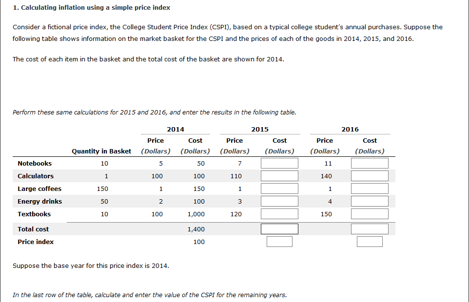 Solved 1. Calculating inflation using a simple price index | Chegg.com