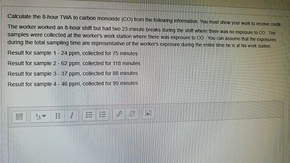 Solved Calculate the 8-hour TWA to carbon monoxide (Co) from | Chegg.com