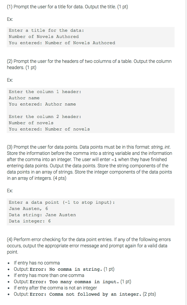 Solved (1) Prompt the user for a title for data. Output the | Chegg.com