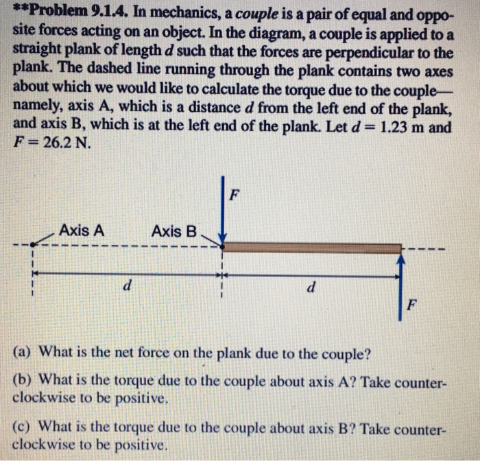 In mechanics, a couple is a pair of equal and | Chegg.com