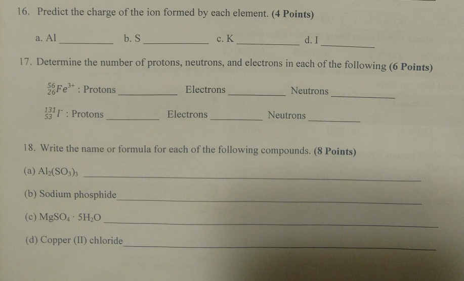 Solved 16. Predict the charge of the ion formed by each | Chegg.com