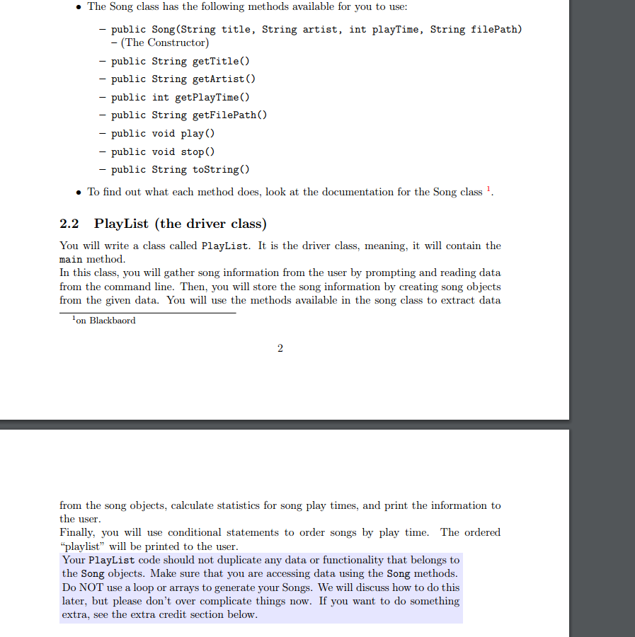Solved The Song class has the following methods available | Chegg.com