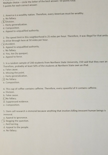 Solved best answer. 50 points total Multiple choice-circle | Chegg.com
