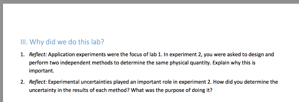III. Why did we do this lab? Reflect: Application | Chegg.com