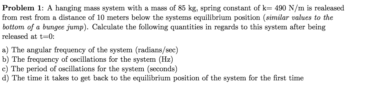 Solved A hanging mass system with a mass of 85 kg, spring | Chegg.com
