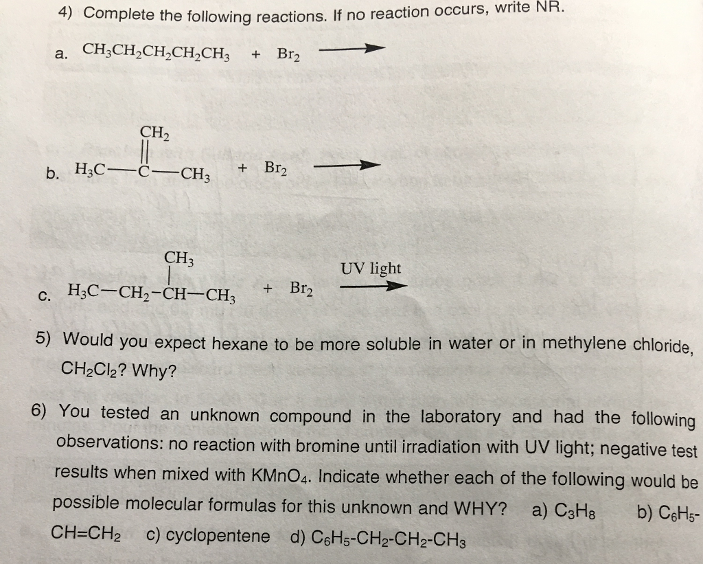Solved Complete the following reactions. If no reaction | Chegg.com