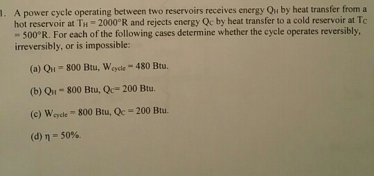 Solved I. A power cycle operating between two reservoirs | Chegg.com