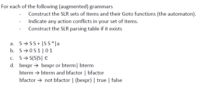 Solved For each of the following (augmented) grammars | Chegg.com