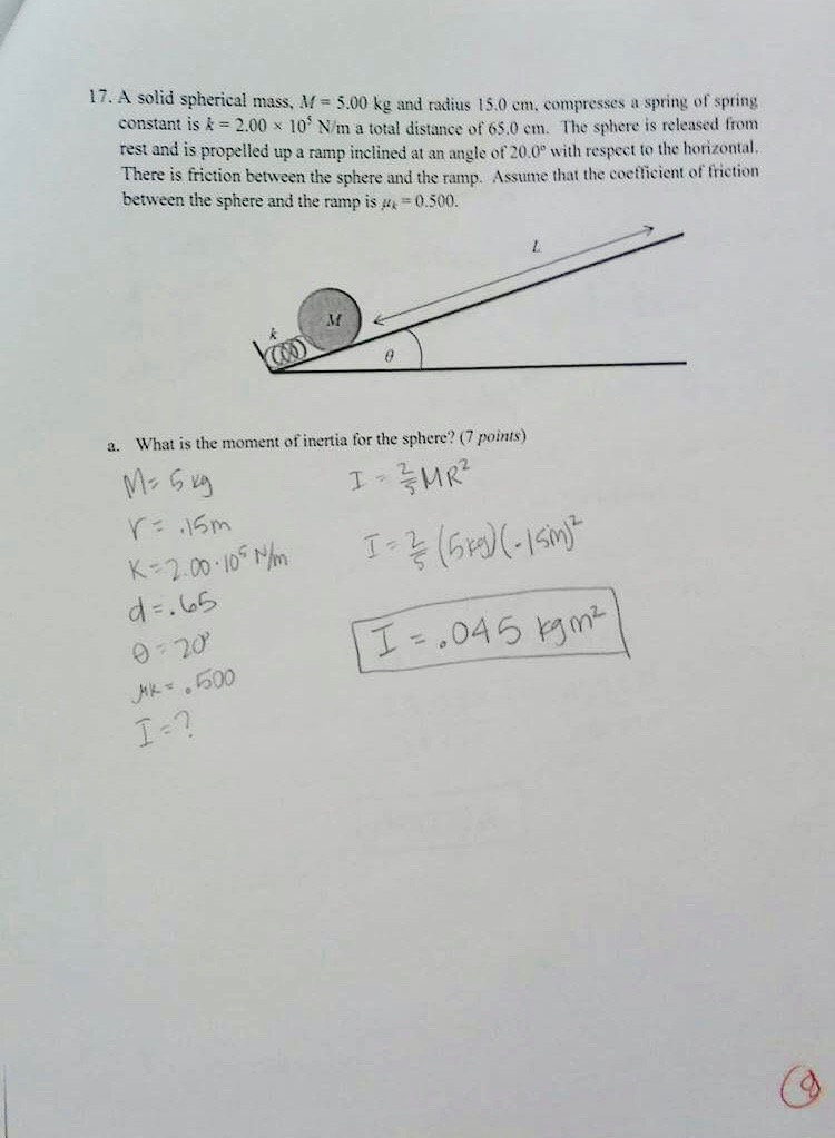 Solved a solid spherical mass, M = 5 kg, and radius 15 cm | Chegg.com