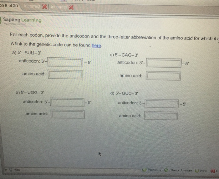 Solved For each codon, provide the anticodon and the | Chegg.com