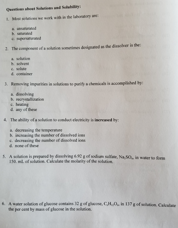 Solved Questions about Solutions and Solubility: Please | Chegg.com
