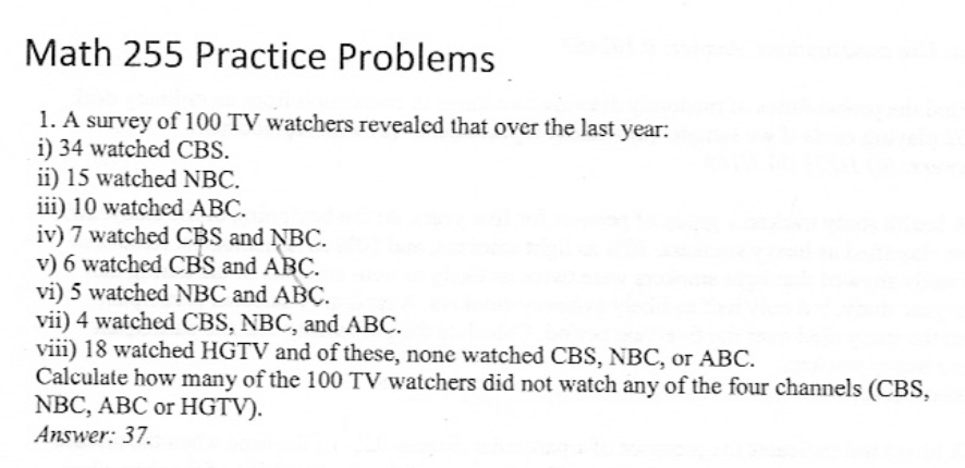 Solved Math 255 Practice Problems 1 A Survey Of 100 Tv 0572