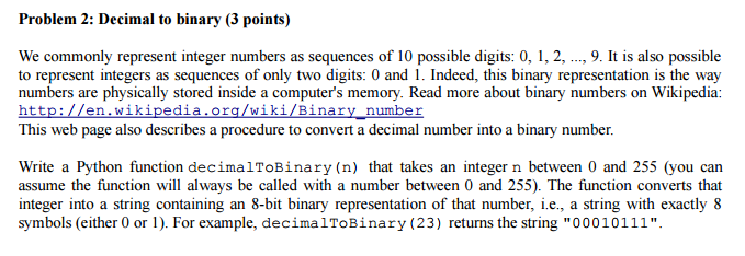 Solved Problem 2: Decimal to binary (3 points) We commonly | Chegg.com